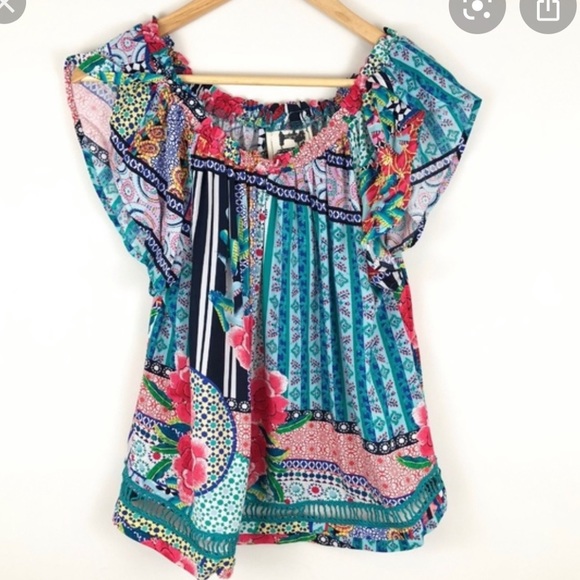 Jaase | Tops | Jaase Large Off Shoulder Blouse Red Turquoise | Poshmark